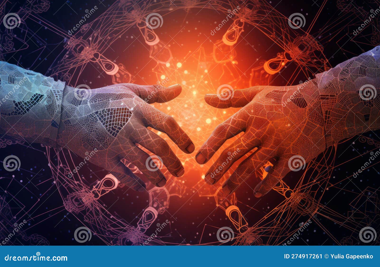 Two Hands Shaking in Front of Computerized Digital Abstract Background ...