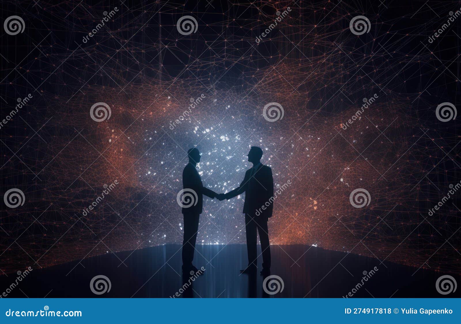 Two Hands Shaking in Front of Computerized Digital Abstract Background ...