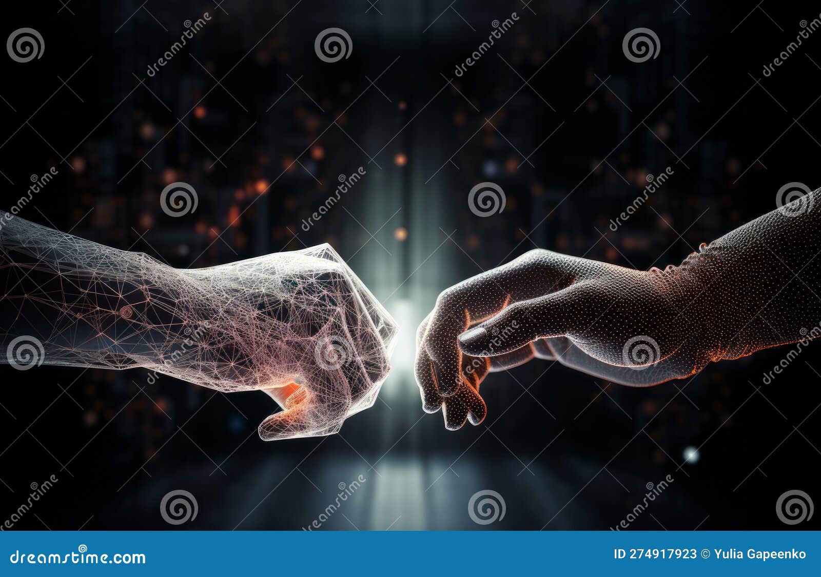 Two Hands Shaking in Front of Computerized Digital Abstract Background ...