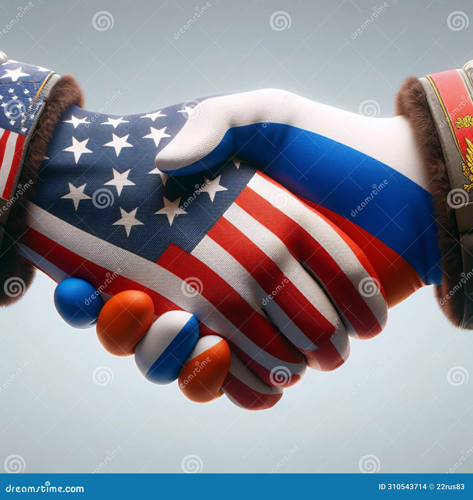 Two Hands Shaking in a Handshake with the American and Russian Flags on ...