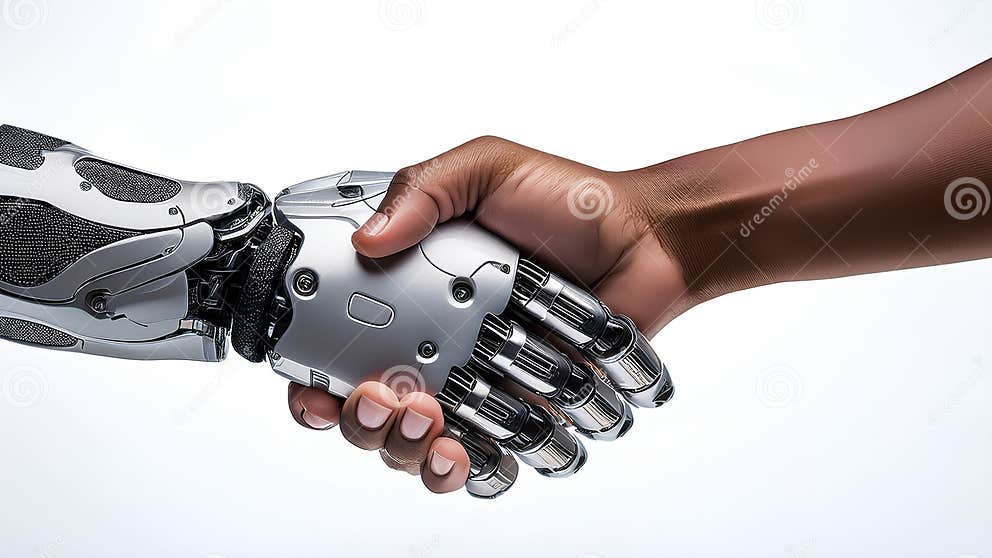 Two Hands - a Symbol of Technical Progress. Human Hand Shakes Robot S ...
