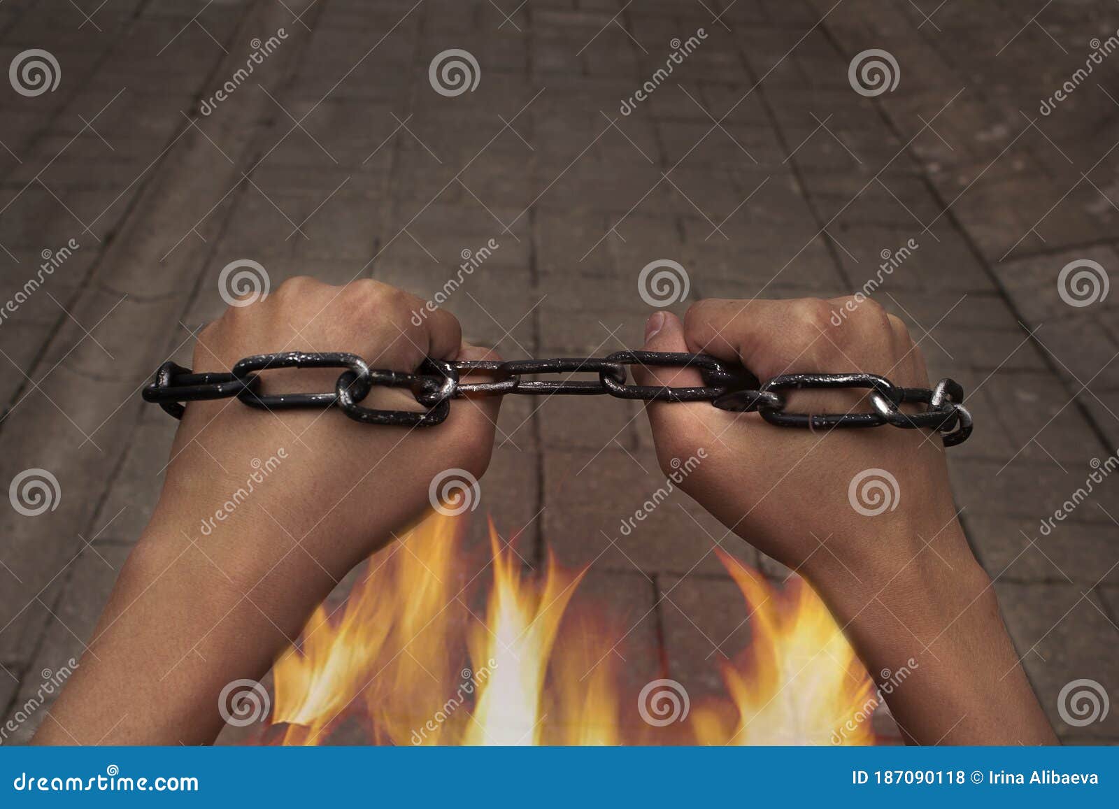 Two Hands Tied with Chains, Fire at the Bottom, Concept of Unfreedom ...