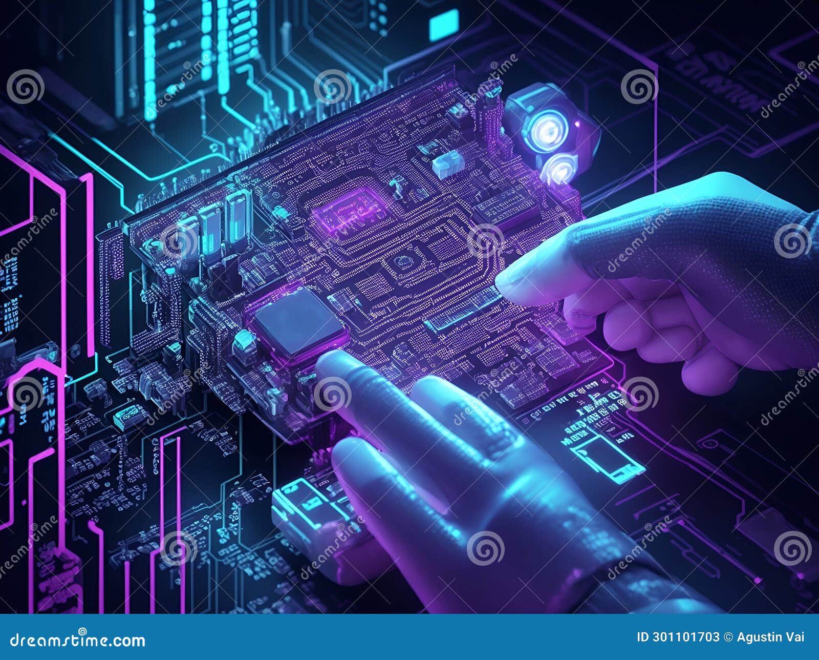 Two Hands Touching an Electronic Device in a Cyber Environment Stock ...