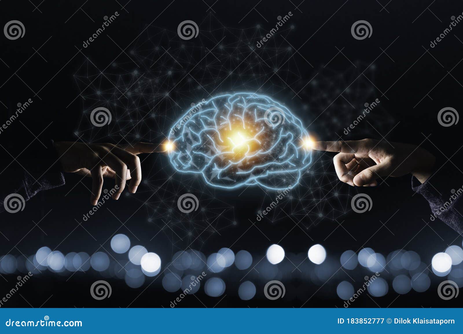 Two Hands Touching the Virtual Brain. Creative New Business Idea ...