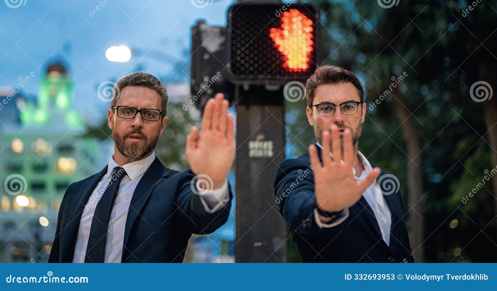 Two Handsome Business Men in Suit Doing Stop Sing with Hand. Warning ...