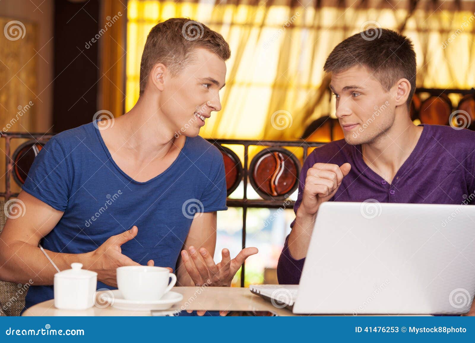 Two Handsome Men Talking at Lunch. Stock Image - Image of arguing ...