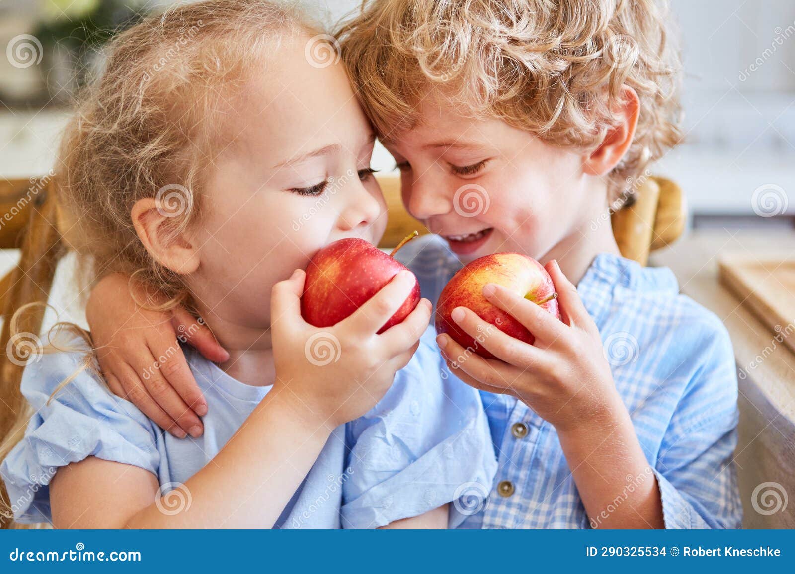 Two Happy Children Eating Apples in Kitchen Stock Photo - Image of cute ...