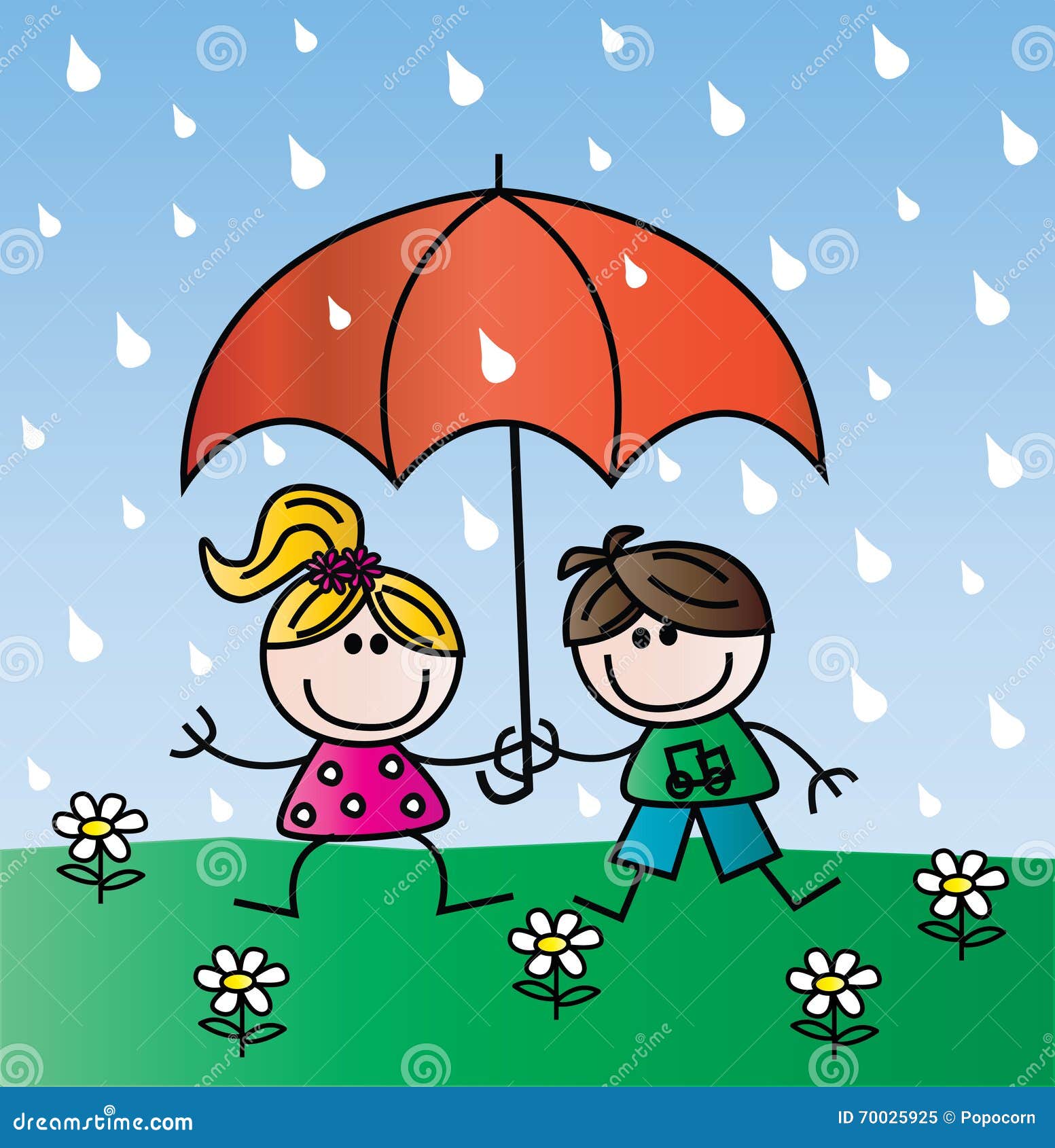 Two Happy Children I the Rain Stock Vector - Illustration of green ...