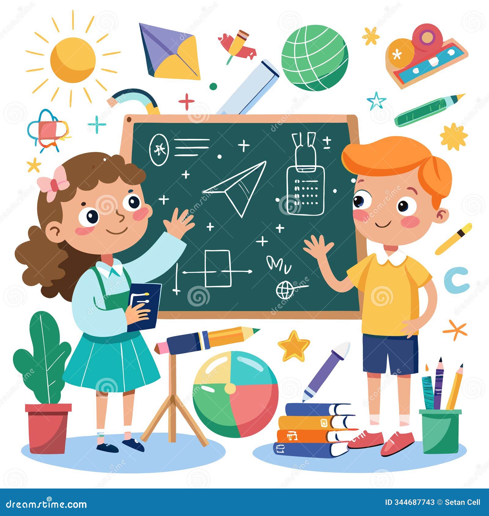 Two Happy Children Learning Geometry Together at School Stock Vector ...