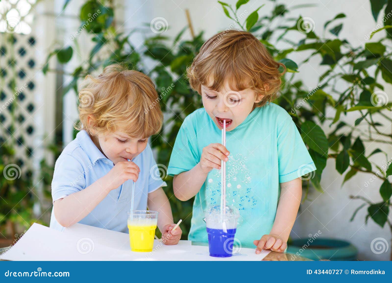 Two Happy Children Making Experiment with Colorful Bubbles Stock Image ...
