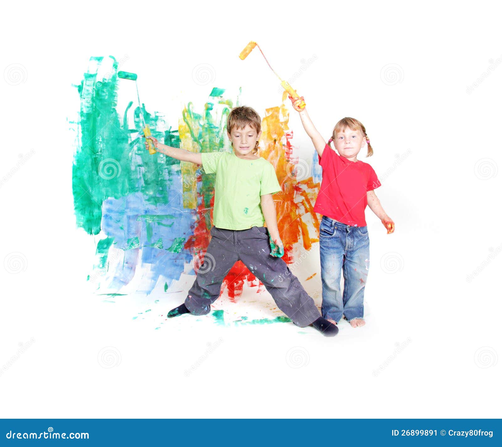 Two Happy Children Painting White Wall Stock Image - Image of lifestyle ...