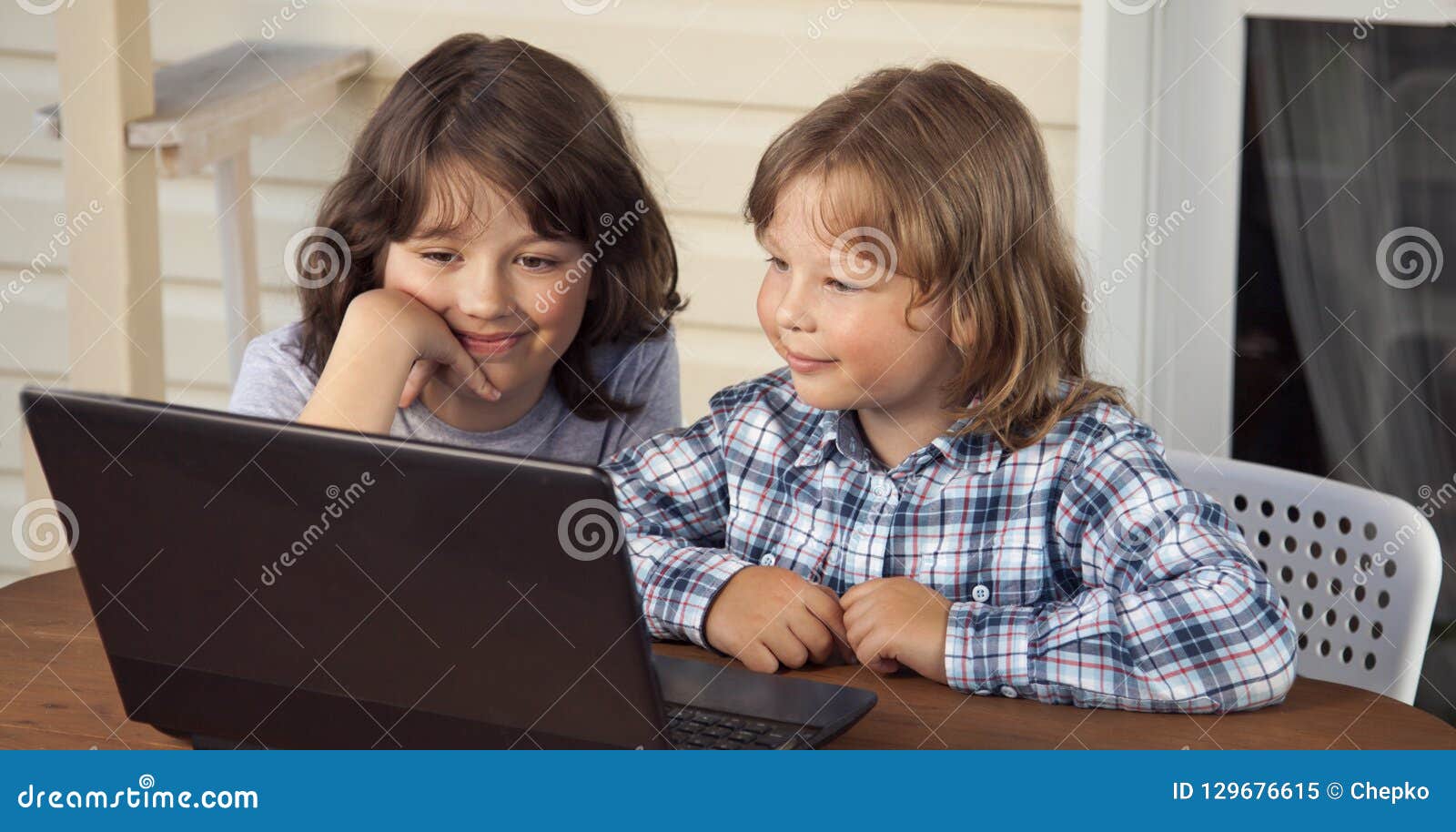 Two Happy Children Playing with Laptop Outdoors Stock Image - Image of ...