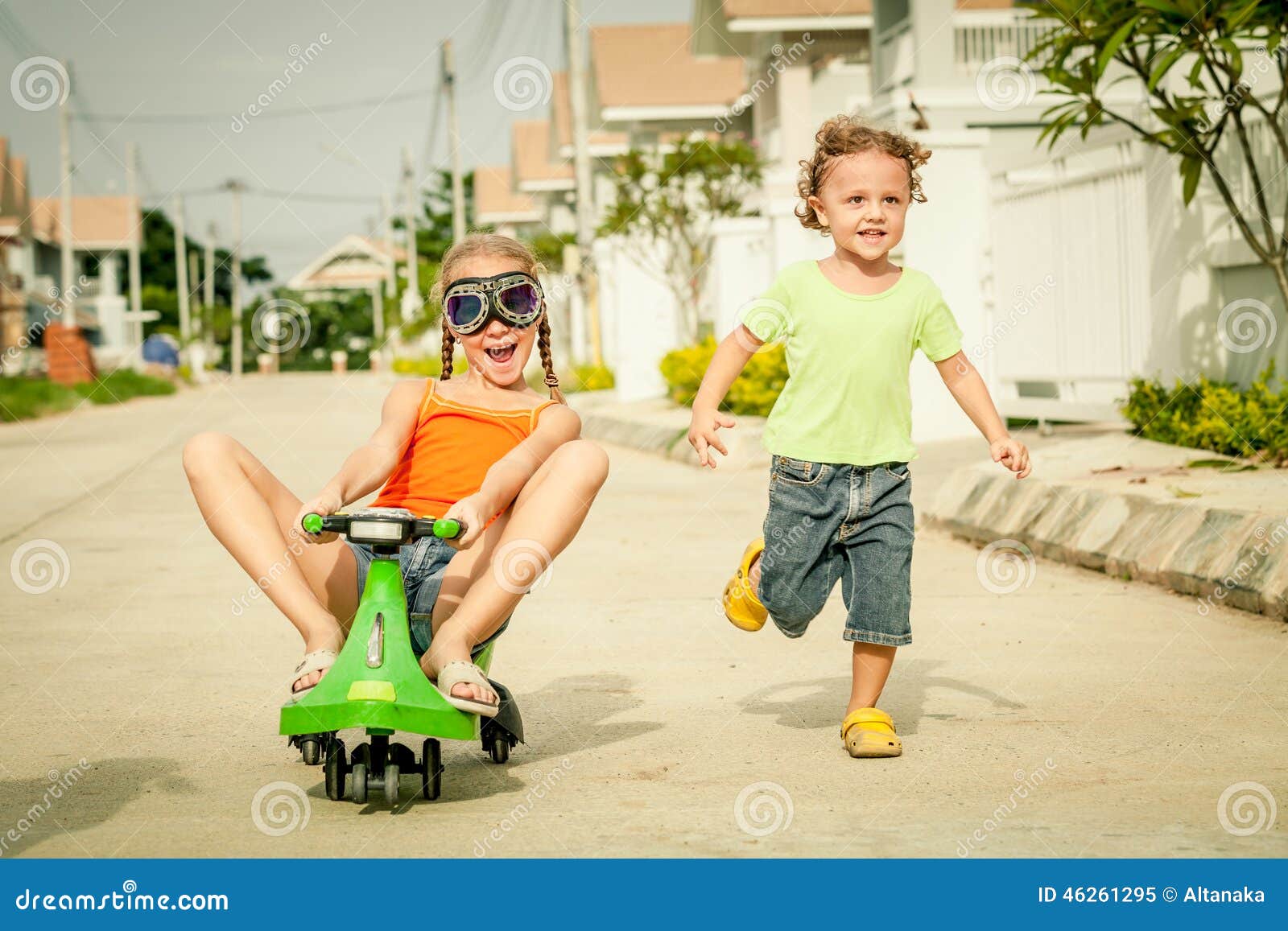 Two Happy Children Playing on the Road Stock Image - Image of embrace ...