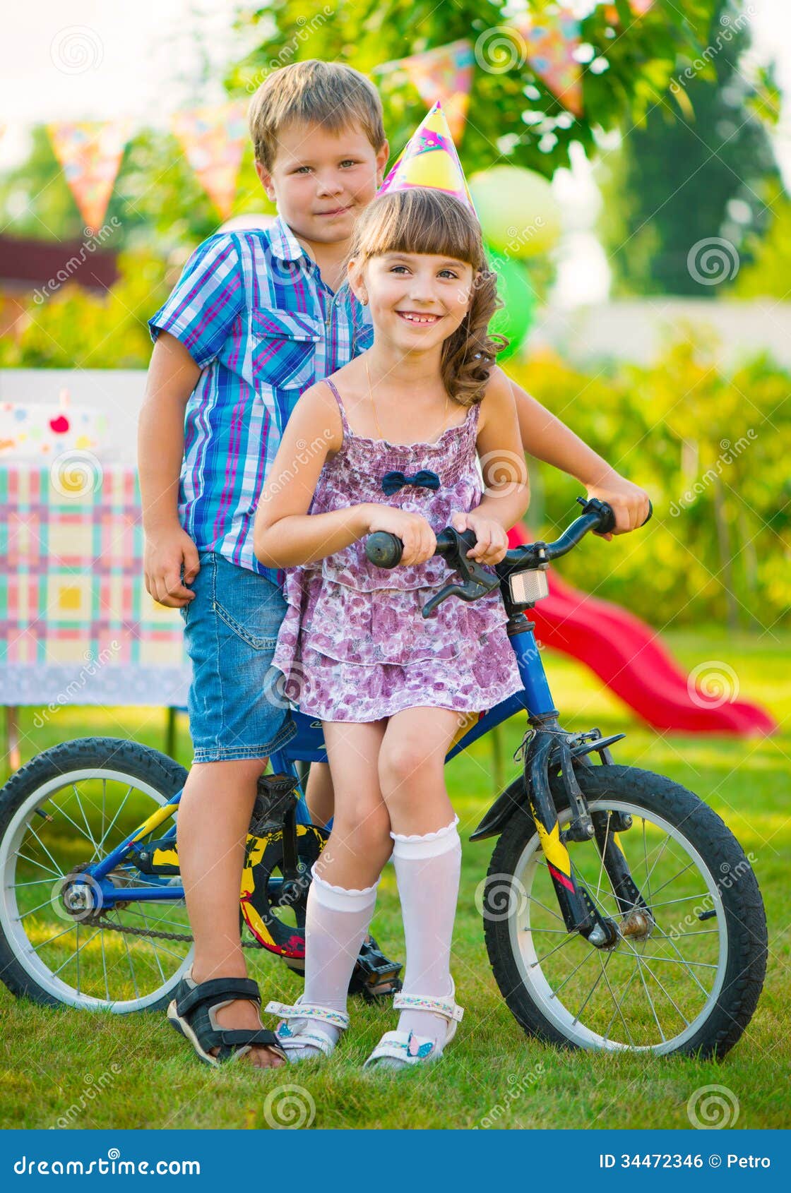 Two Happy Children Sitting on Bicycle Stock Photo - Image of couple ...