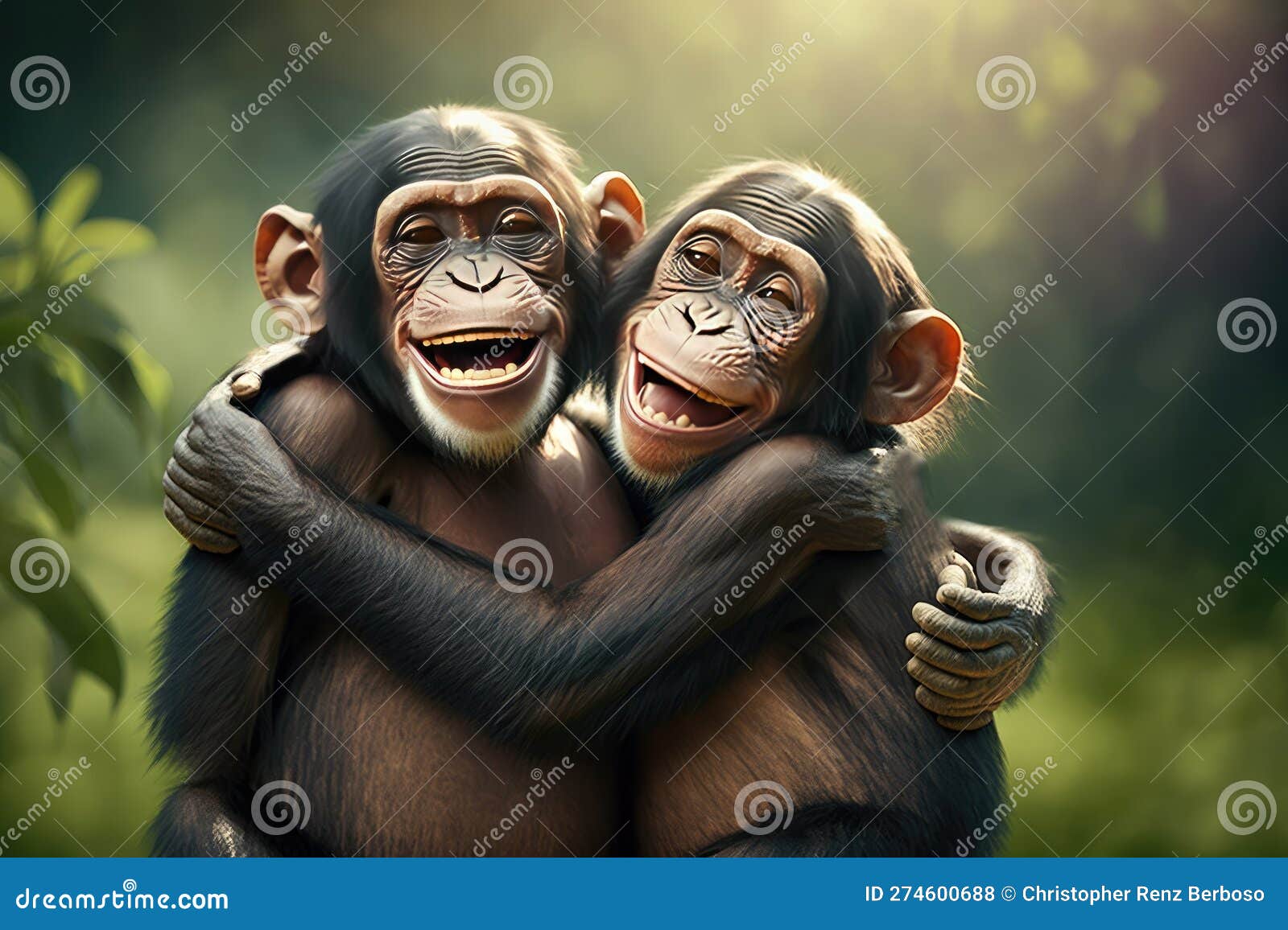 Two Happy Chimpanzees Hugging Each Other in a Blurred Nature Background ...
