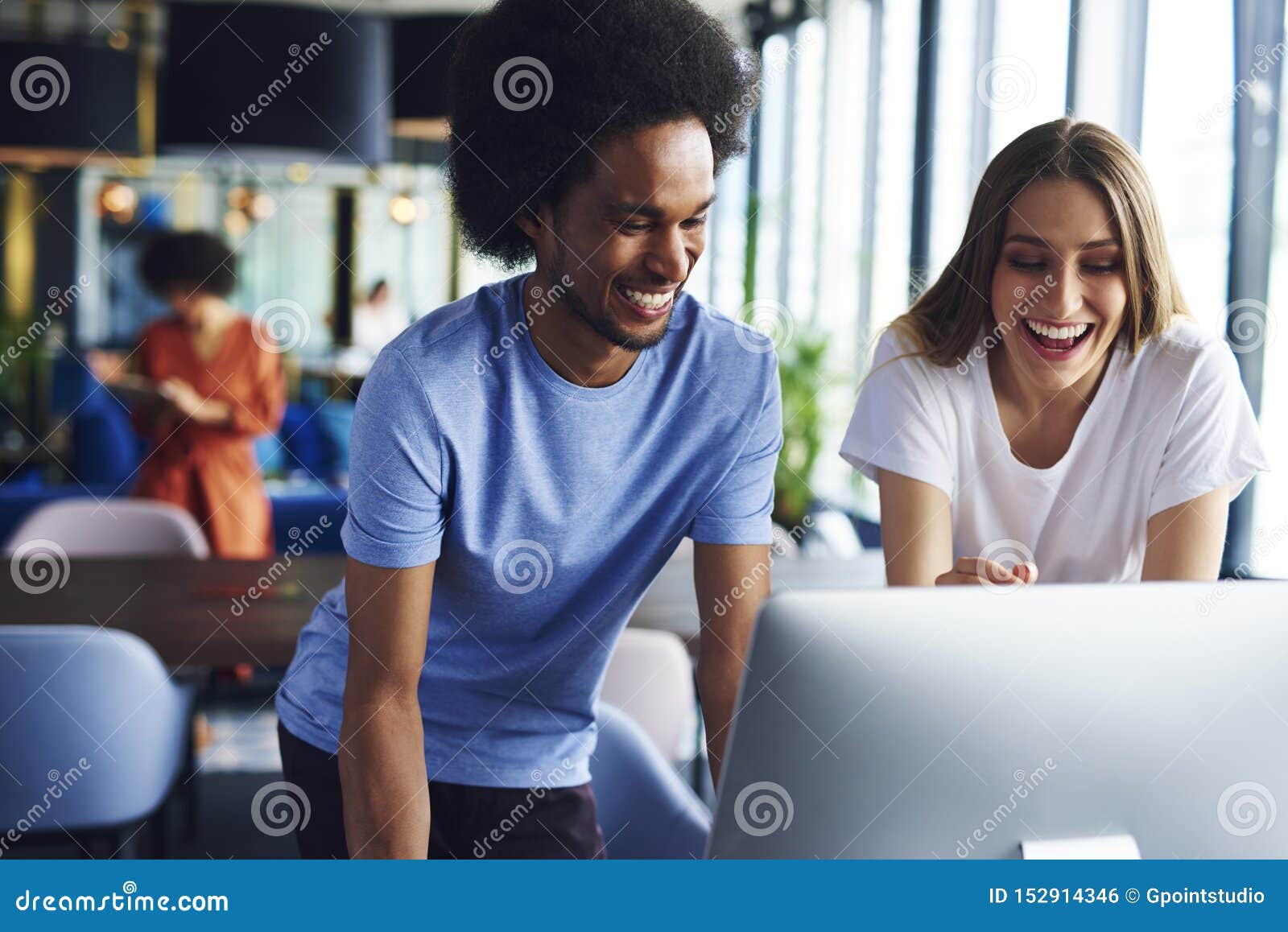 Two Happy Coworkers Working on Computer Stock Photo - Image of examine ...