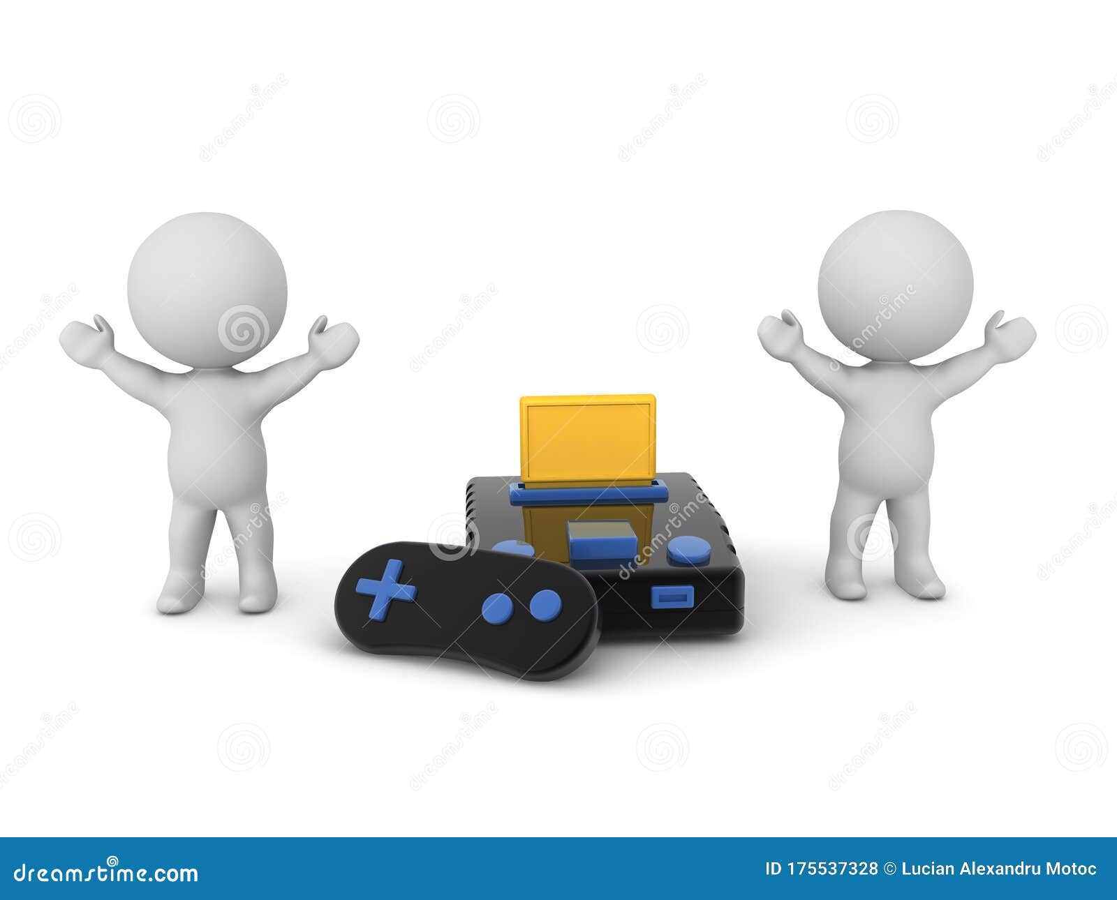 Two Happy 3D Characters Next To Vintage Game Console Stock Illustration ...