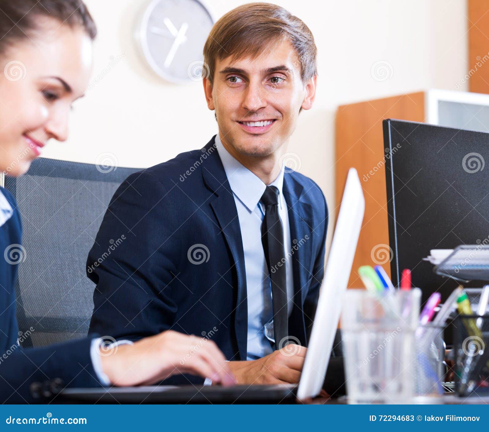 Two Happy Employees in Office Stock Image - Image of suits, teamwork ...