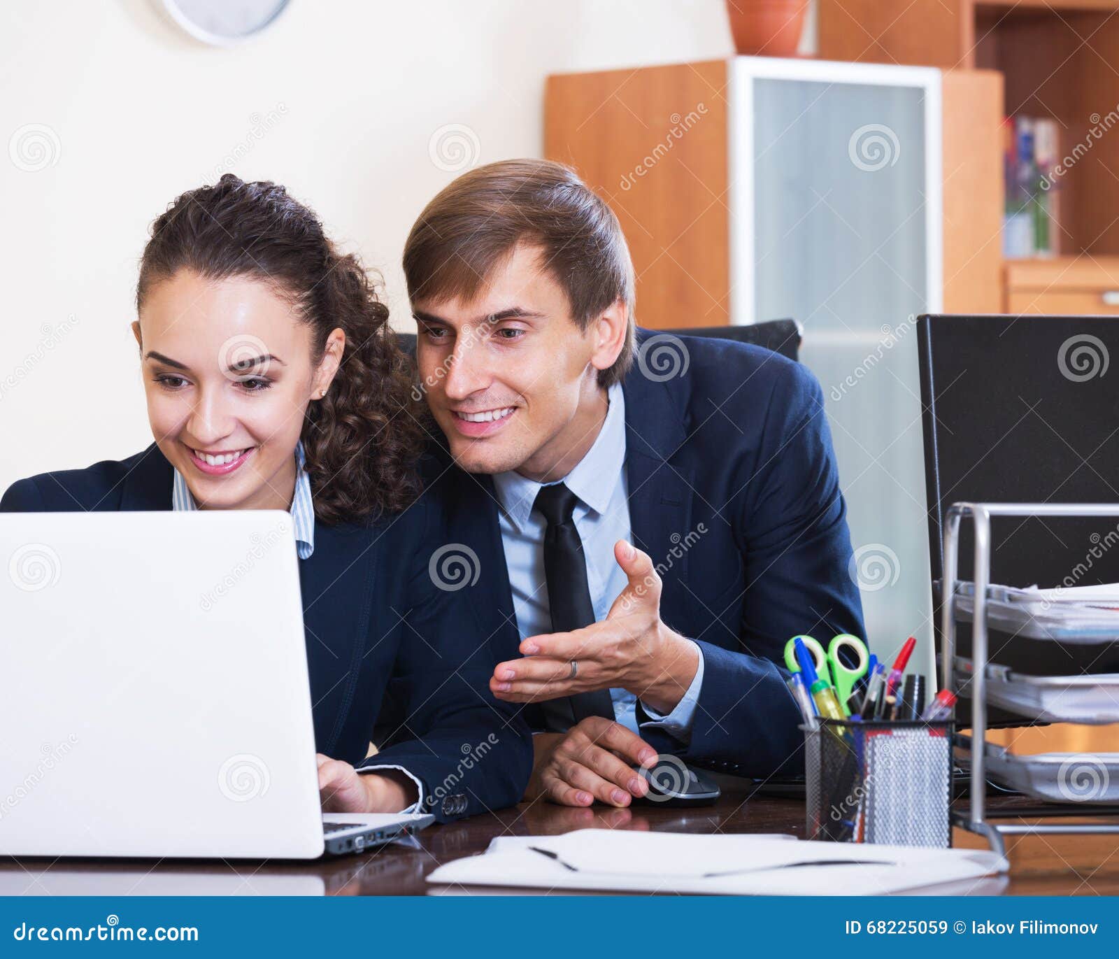 Two Happy Employees in Office Stock Image - Image of adults, managing ...