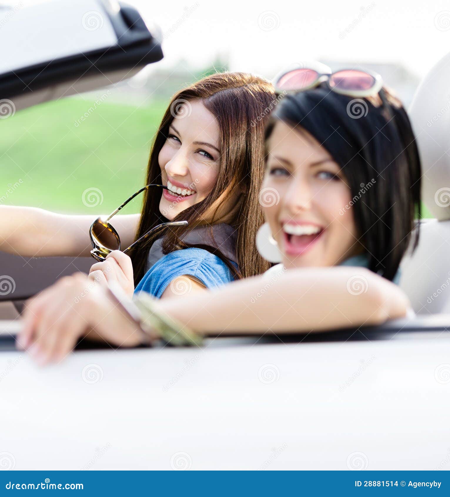 Two Happy Friends Ride the Car Stock Photo - Image of enjoyment, brown ...