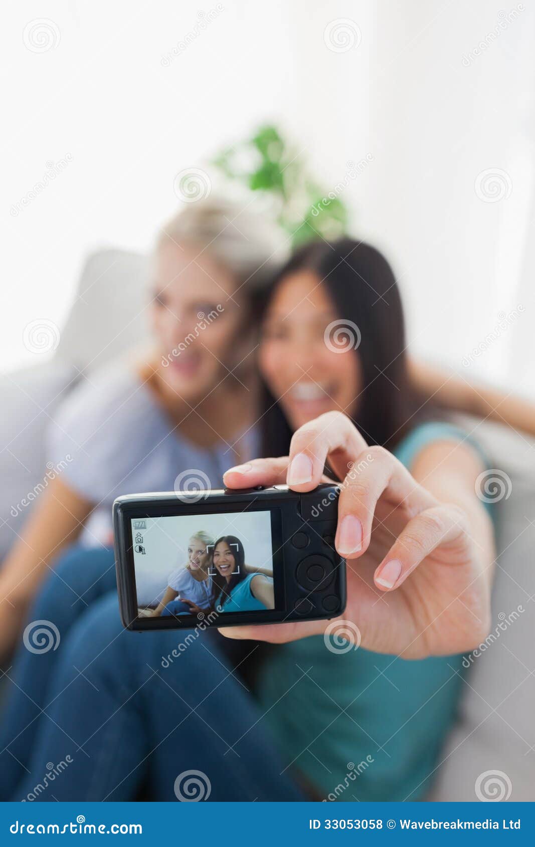 Two Happy Friends Taking Photo with Camera Stock Photo - Image of ...