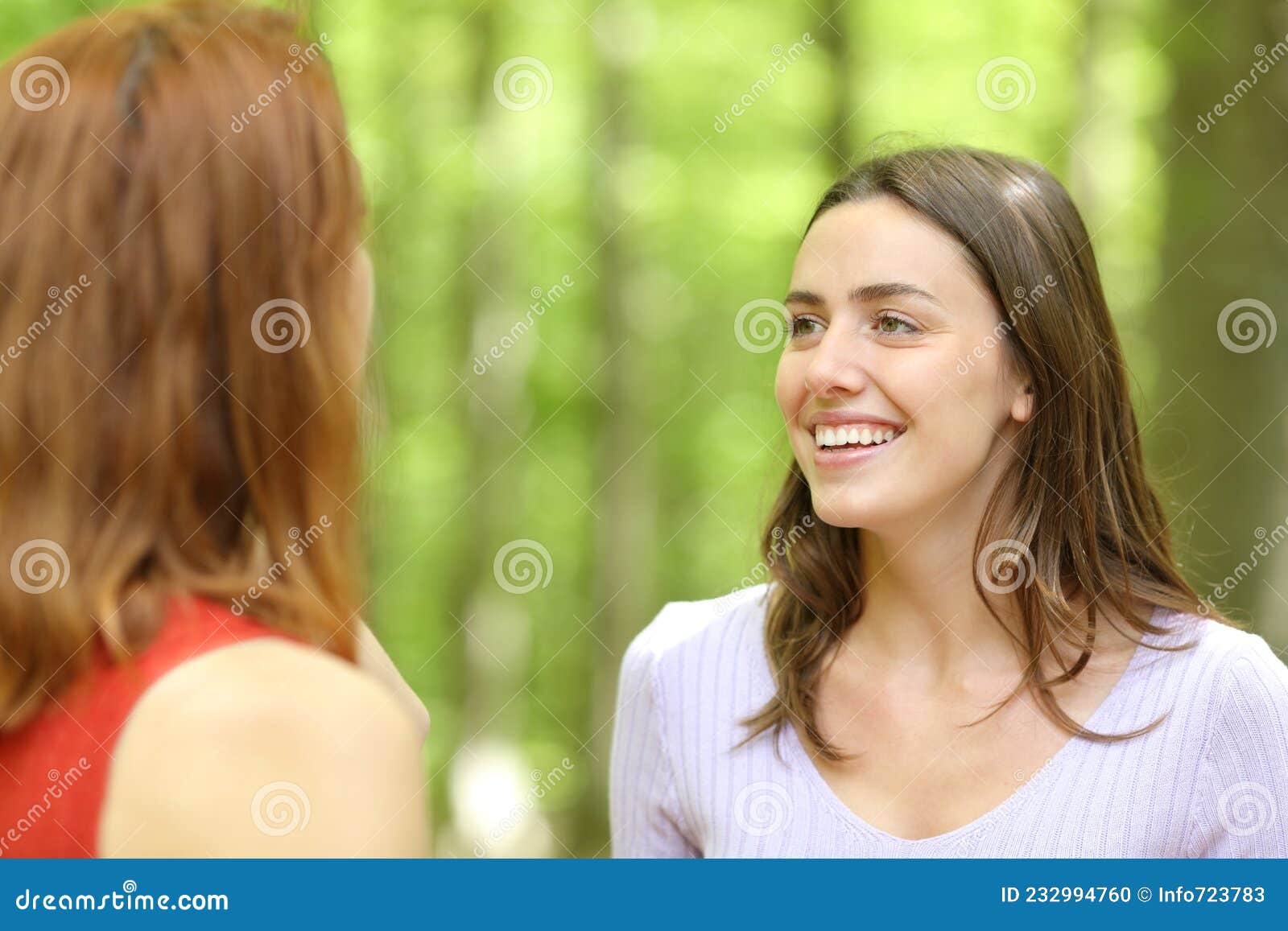 Two Happy Friends Talking in a Green Forest or Park Stock Photo - Image ...