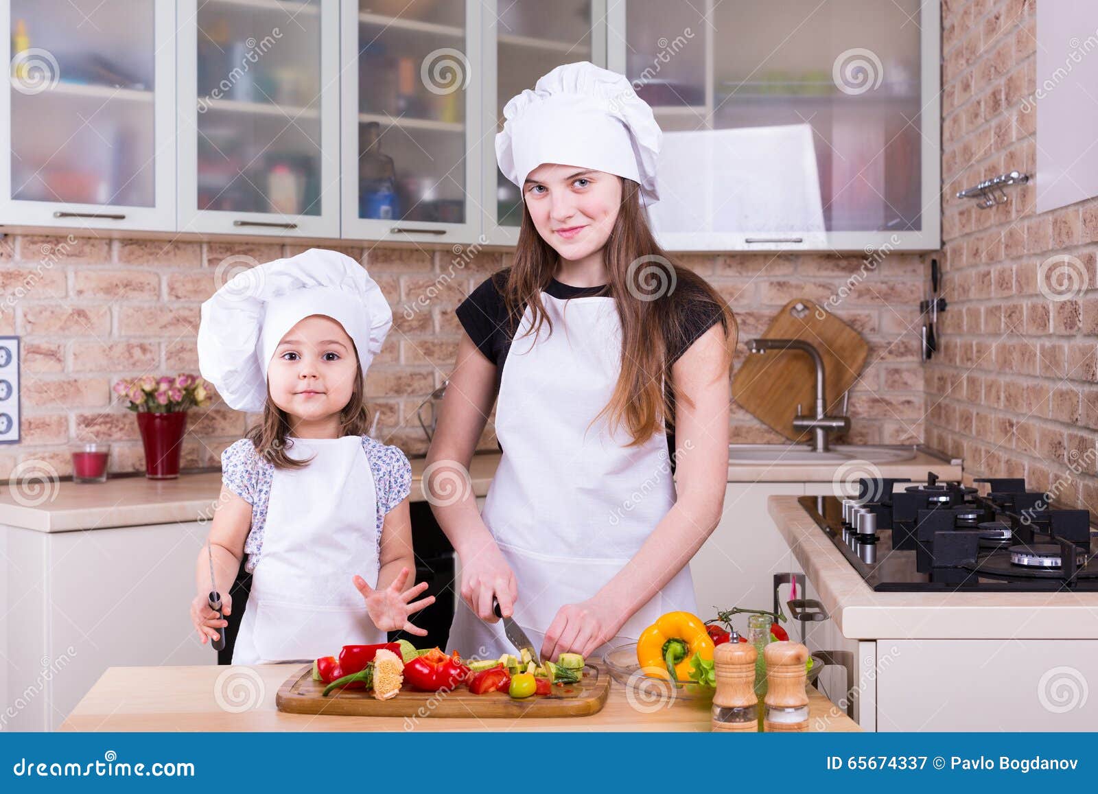 Two Happy Girls Cooking on Kitchen Stock Image - Image of making ...