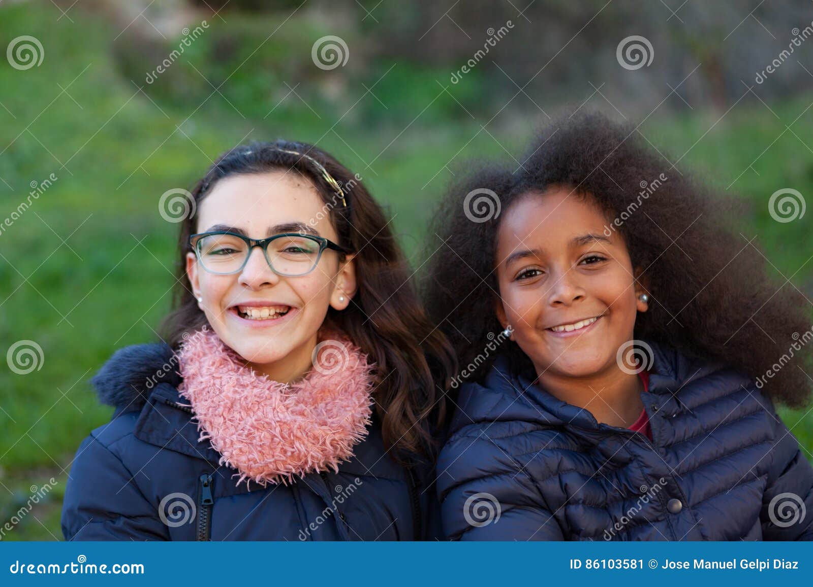 Two Happy Girls in the Park Stock Image - Image of caucasian, african ...
