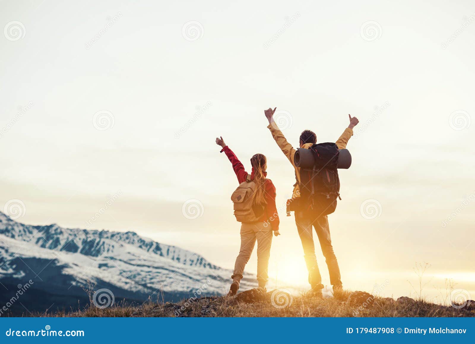 Two Happy Hikers at Mountains Sunset Stock Photo - Image of nature ...