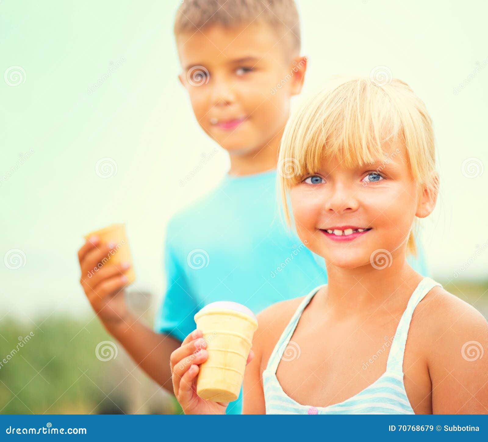 Two Happy Kids Eating Icecream Outdoors Stock Image - Image of cafe ...