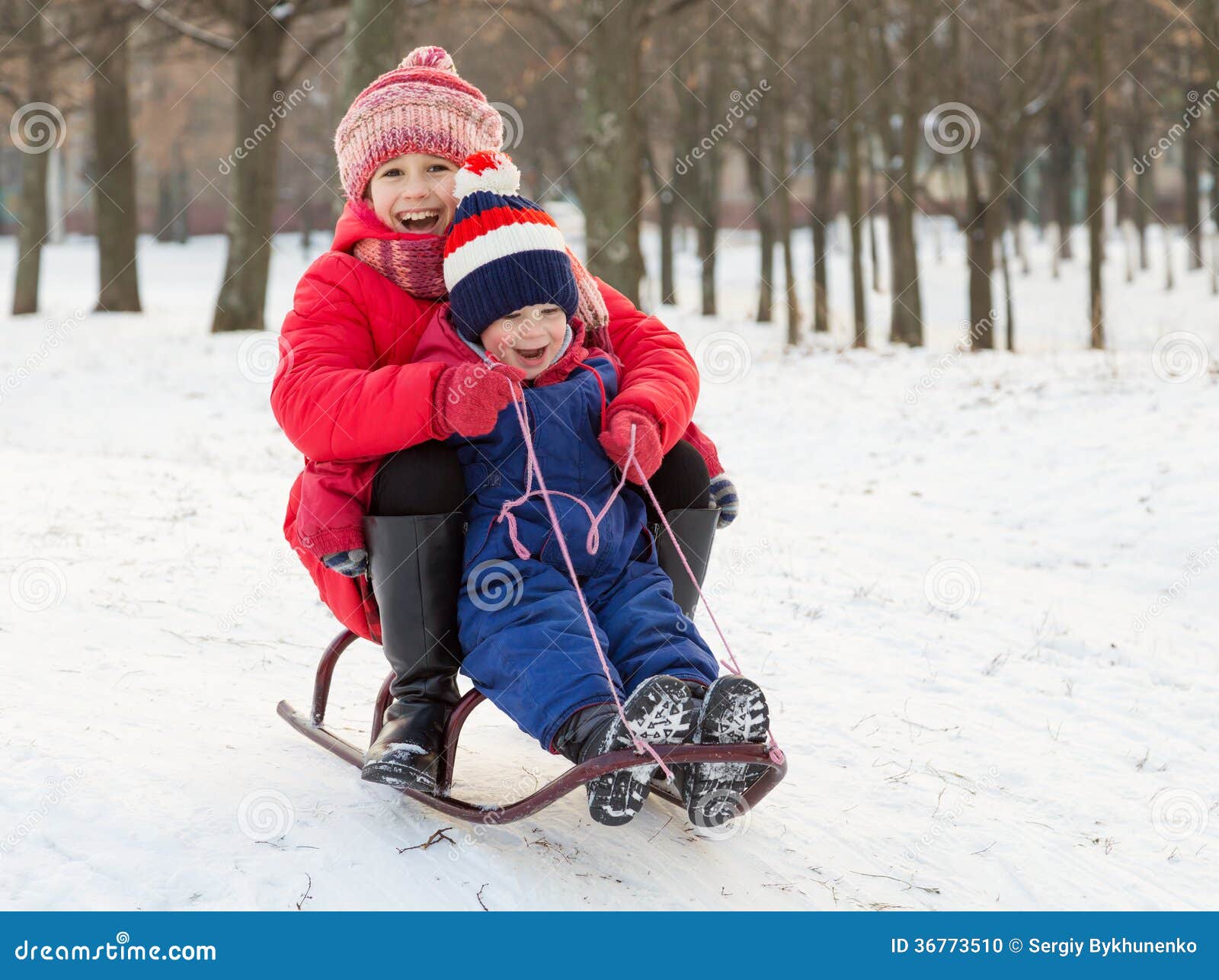 Two happy kids on the sled stock photo. Image of playful - 36773510