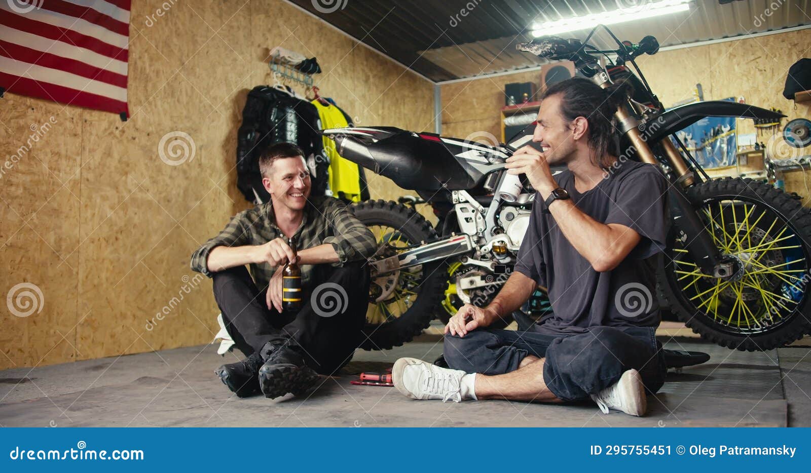 Two Happy Male Mechanics Drink Drinks from Small Bottles in Their ...