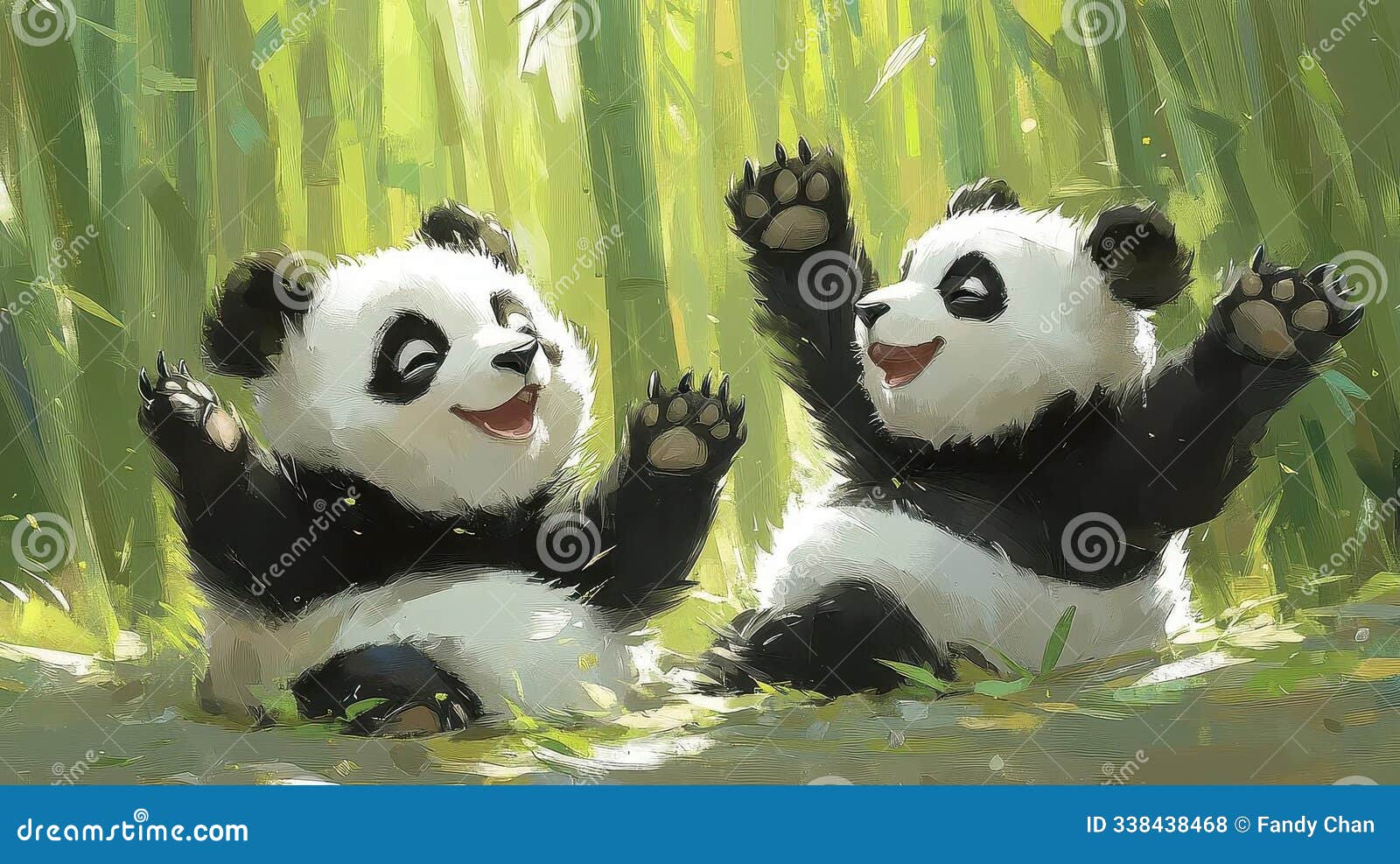 Two Happy Pandas Playing in a Lush Green Forest Stock Illustration ...