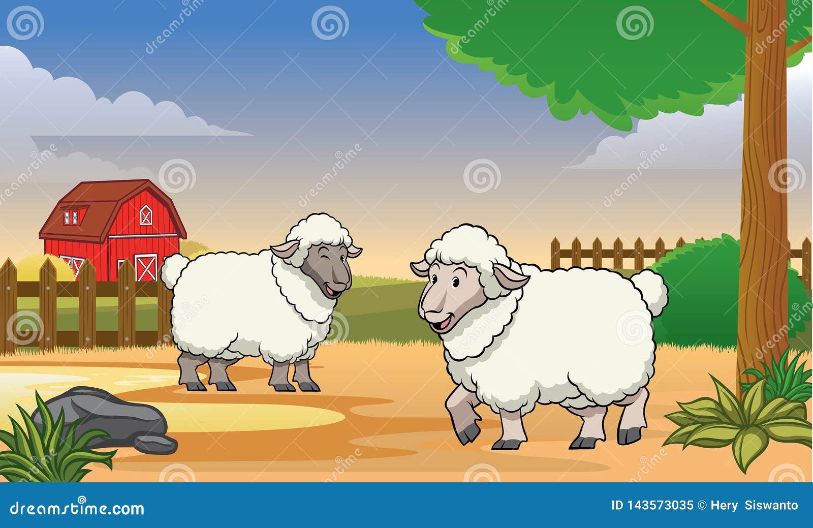 Two Happy Sheep in the Farm with Cartoon Style Stock Vector ...