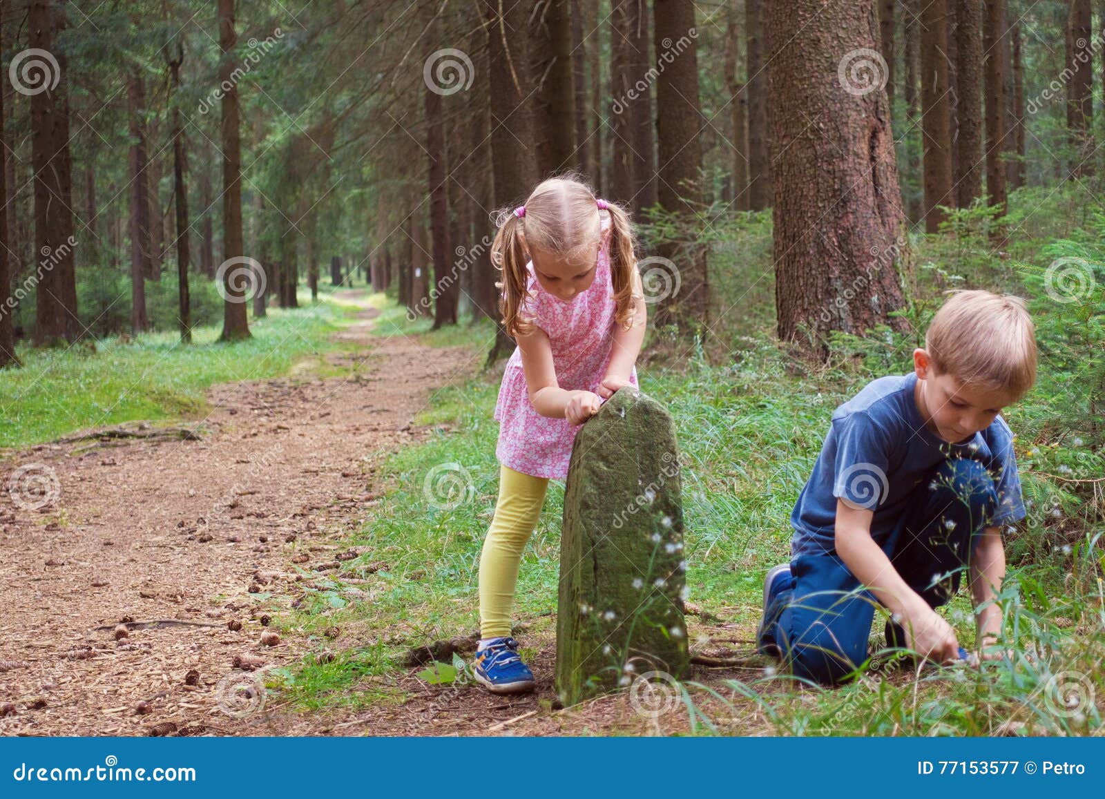 Two Happy Siblings Playing in Forest Stock Image - Image of male ...