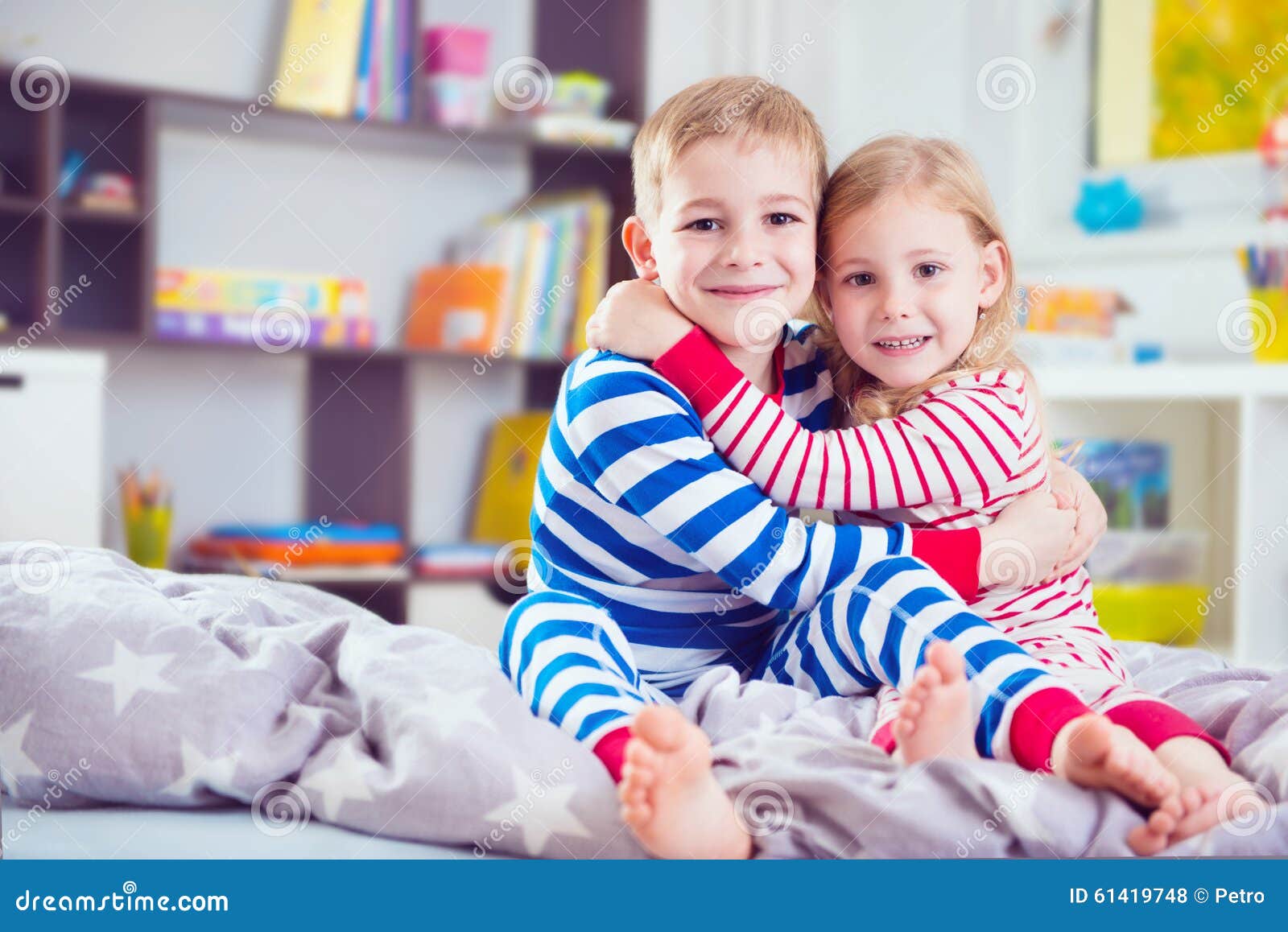 Two Happy Siblings in Sleepwears in Bed Stock Photo - Image of cute ...
