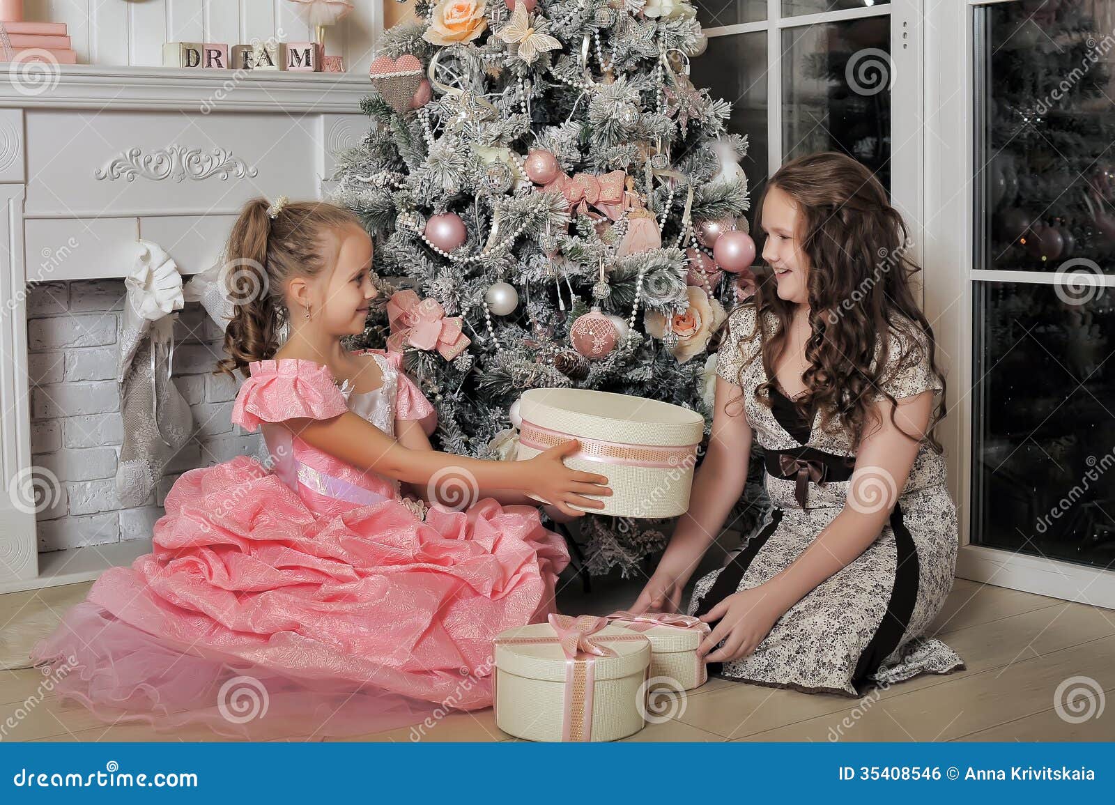 Two Happy Sisters at Christmas Stock Photo - Image of blonde, excited ...