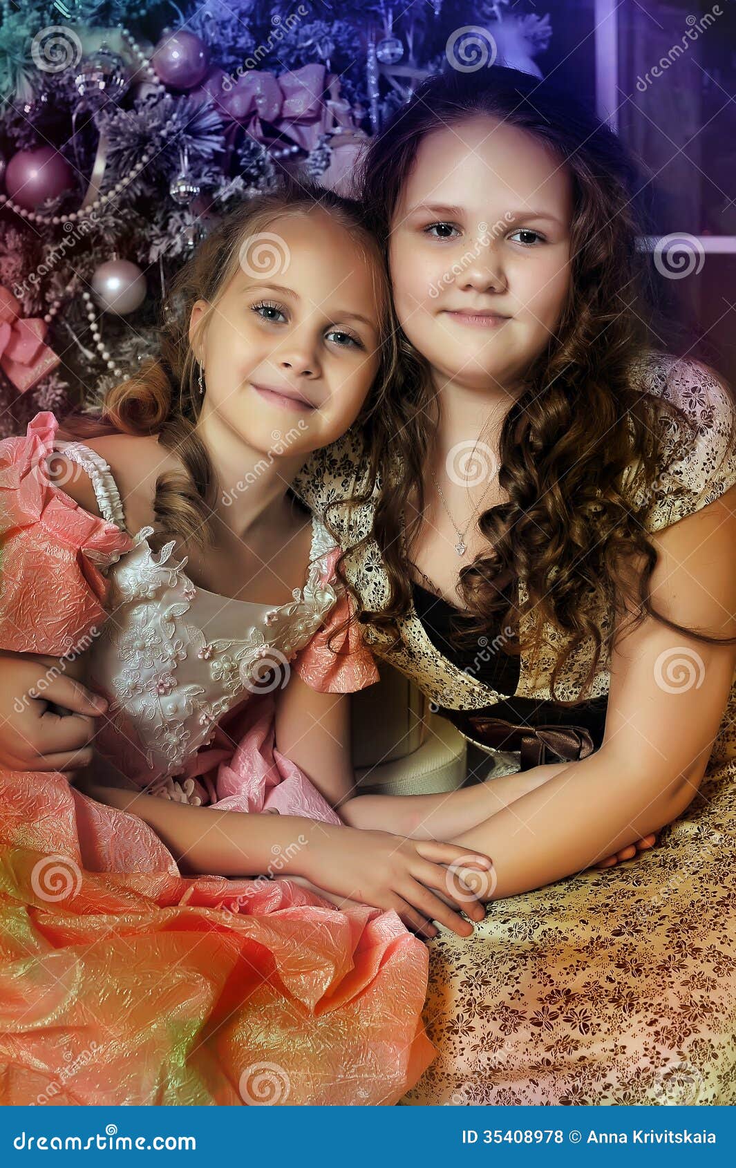Two Happy Sisters at Christmas Stock Photo - Image of girl, decoration ...