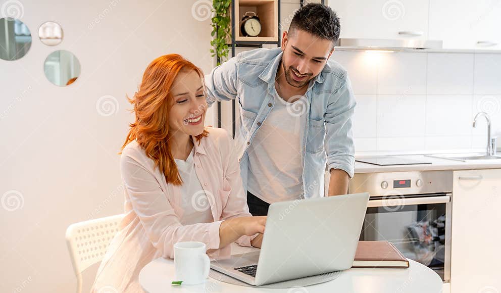 Two Happy Students Using Laptop Computer Working and Learning Together ...