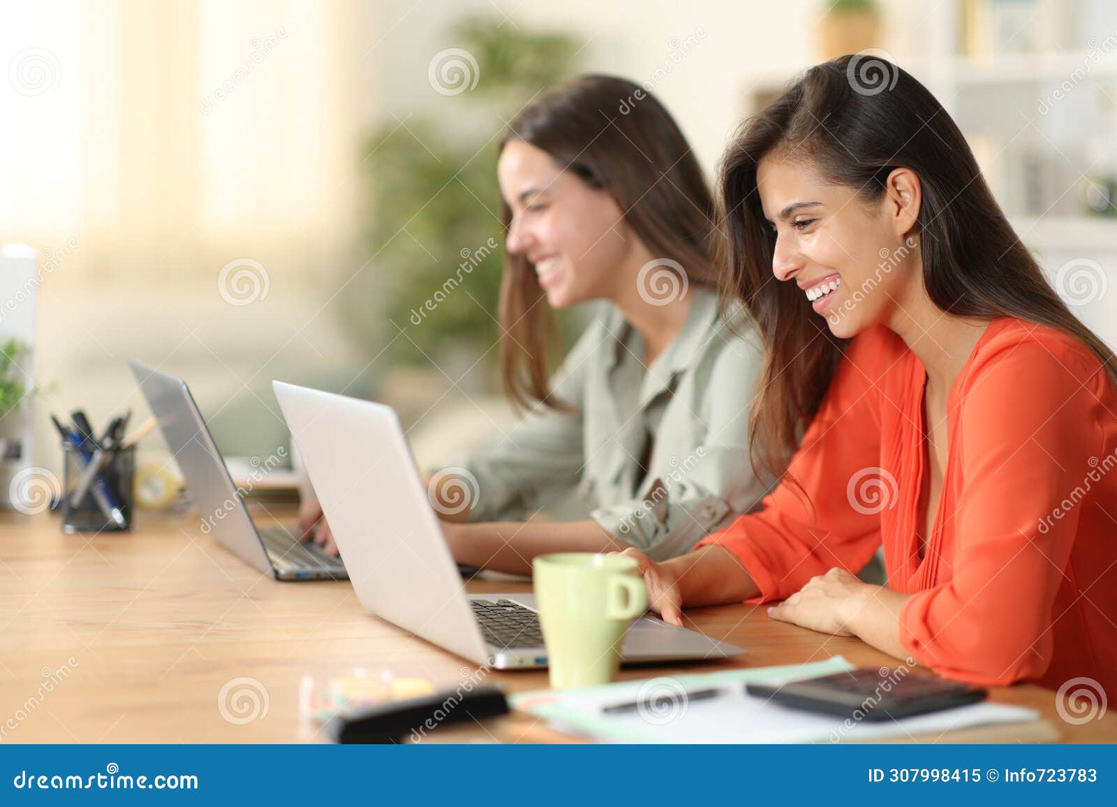 Two Happy Tele Workers Working Online at Home Stock Image - Image of ...