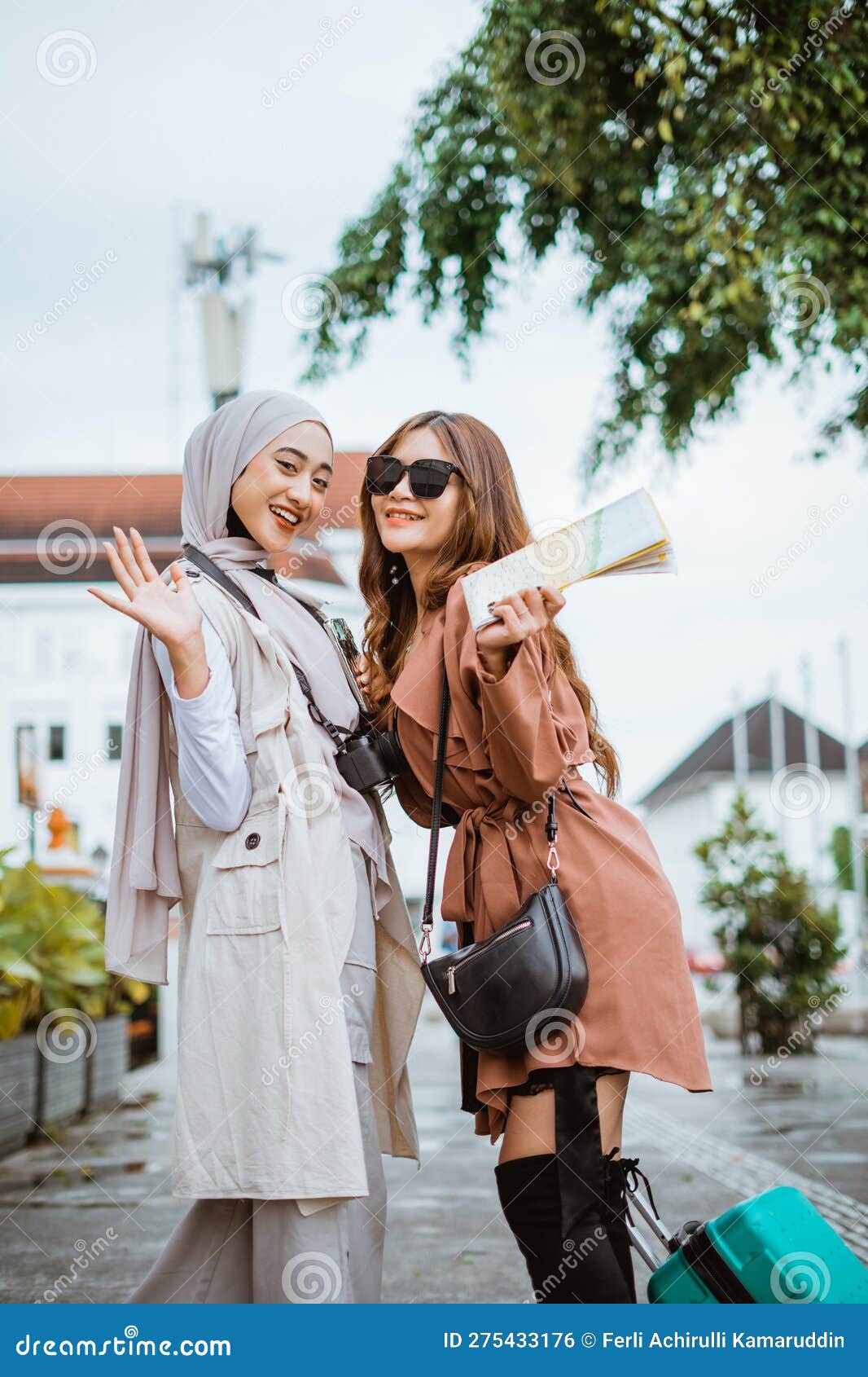 Two Happy Travellers Standing Facing Each Other Stock Photo - Image of ...