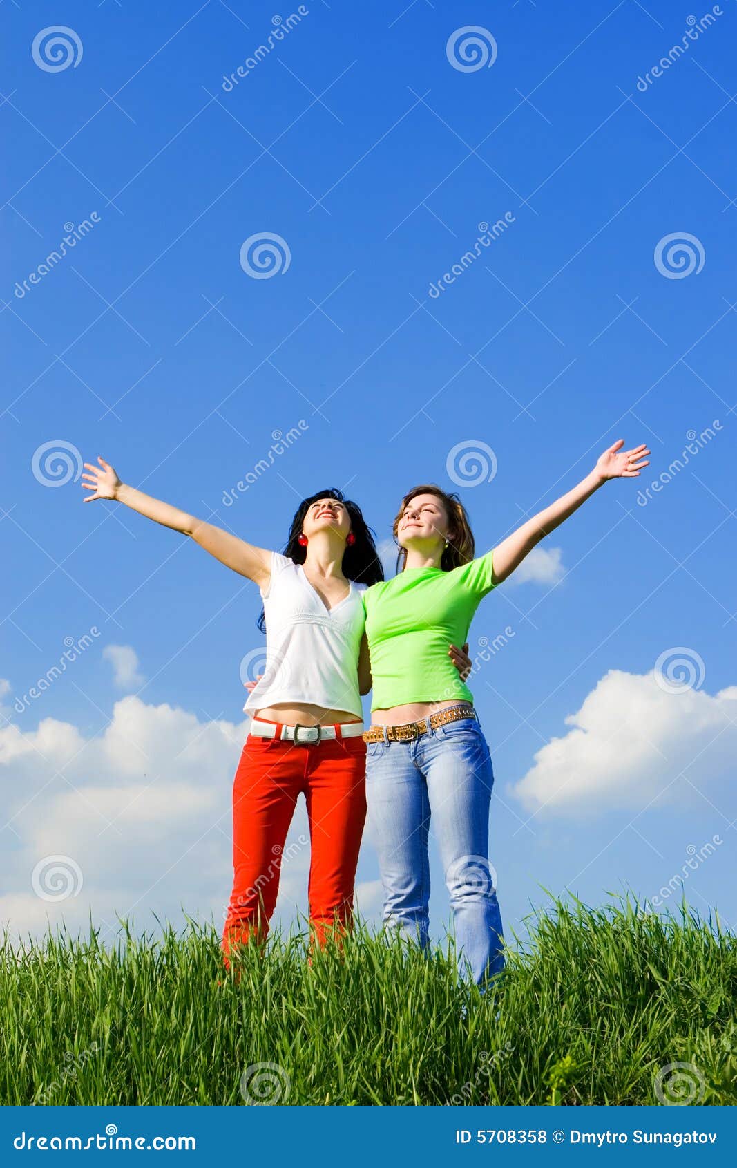 Two Happy Young Women Dreams Stock Photo - Image of field, lifestyle ...