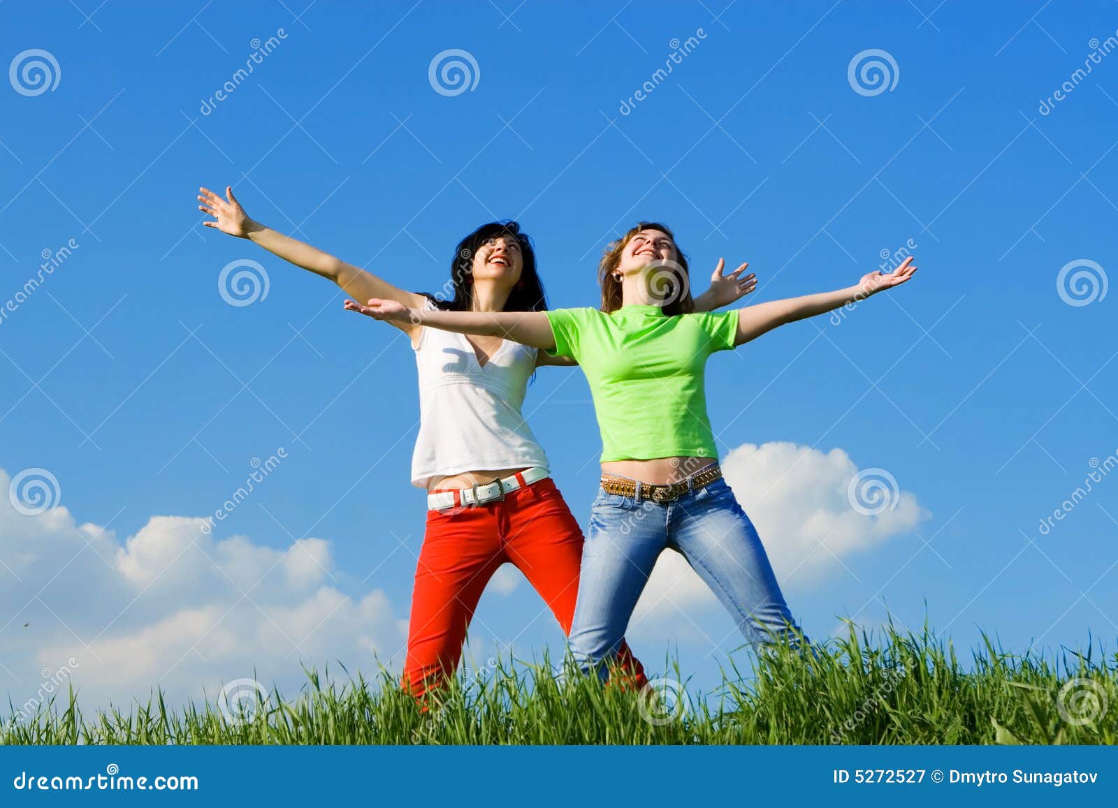 Two Happy Young Women Dreams To Fly Stock Image - Image of outstretched ...