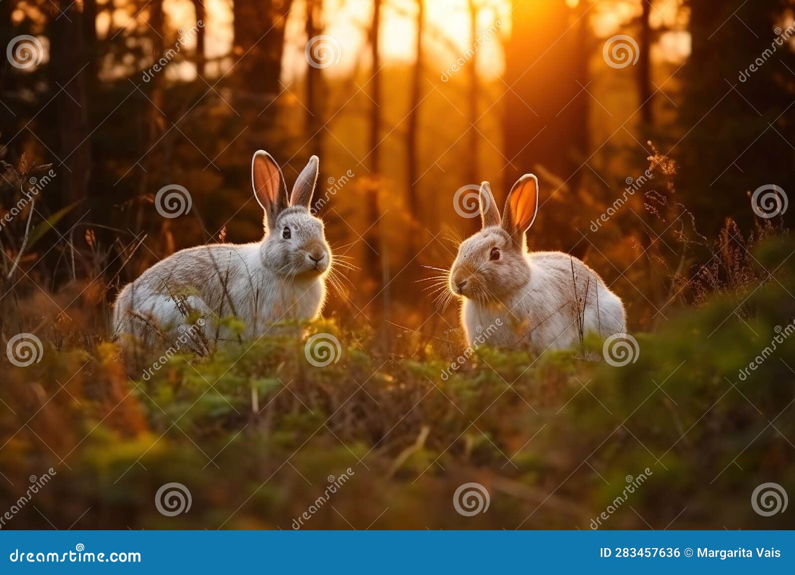 Two Hares in the Forest at Sunset in the Backlight Stock Illustration ...