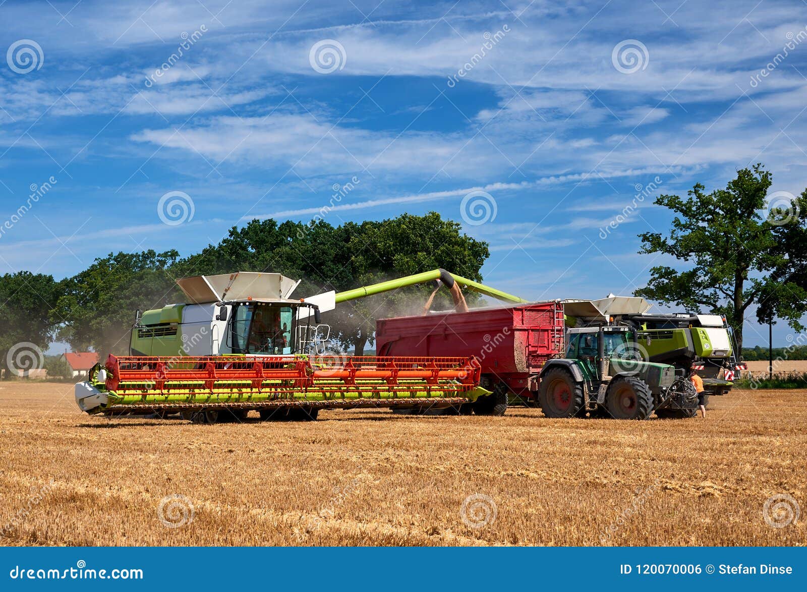 Two Harvester Unloading Corn on Tractor Stock Photo - Image of ...
