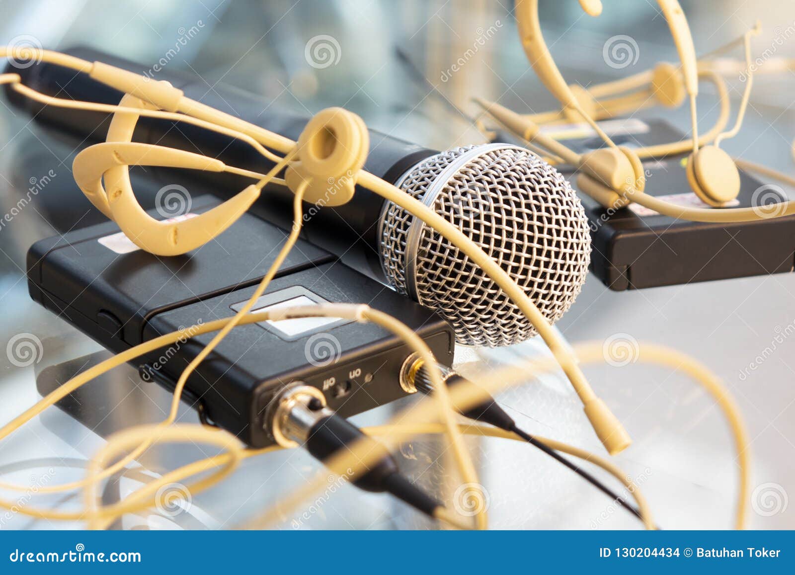 Two Head Set Wireless Microphones Transmitter and Hand Microphone Stock ...