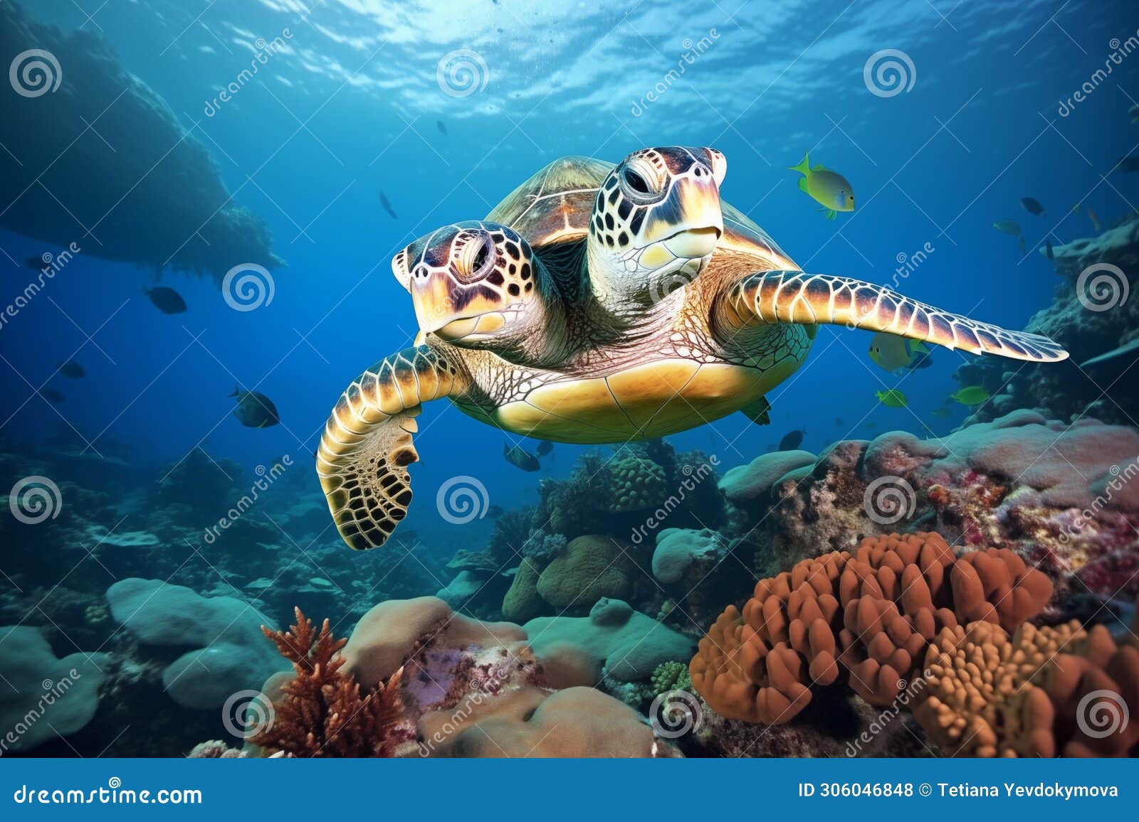 Two-headed Mutant Green Sea Turtle Swims on a Coral Reef Stock ...