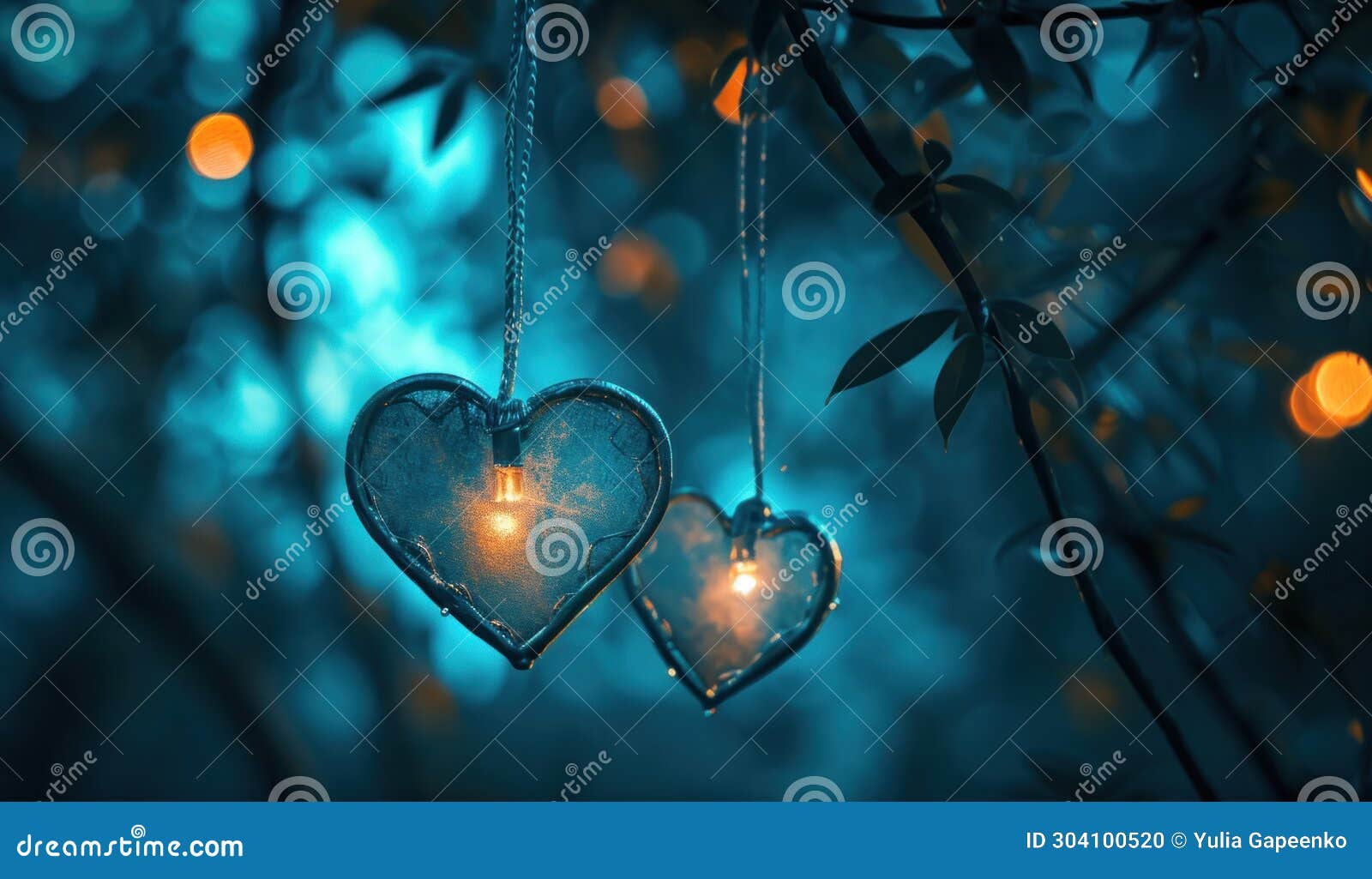 Two Heart Shape Hanging in a Frame at Night in Dark Forest Stock Photo ...