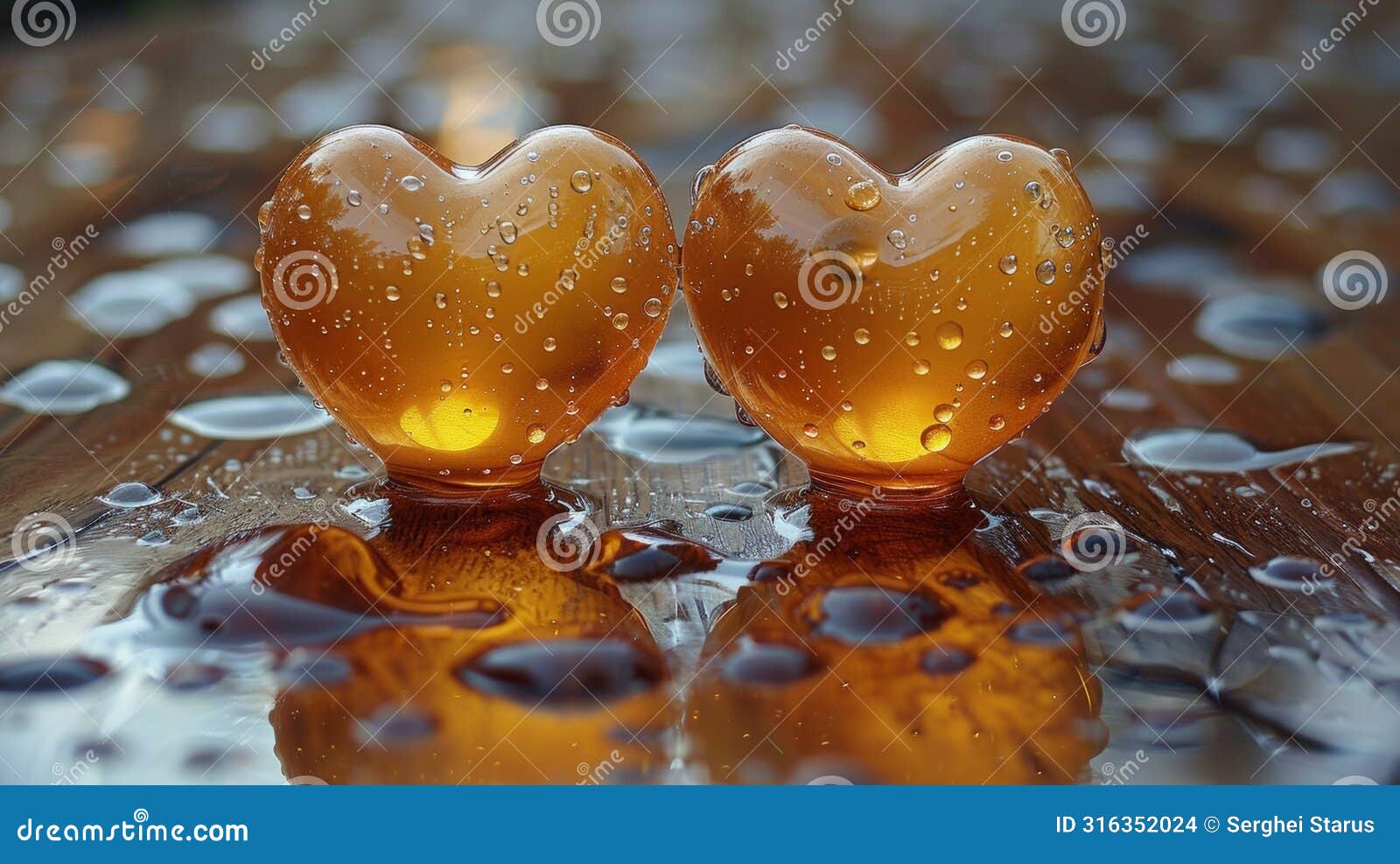 Two Heart Shaped Objects Sitting on a Table with Water Droplets, AI ...