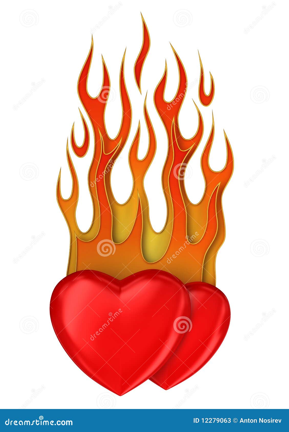 Two Hearts with Fire Isolated on White Stock Illustration ...
